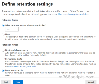 Archive and Deletion Policy for Exchange Online Mailboxes