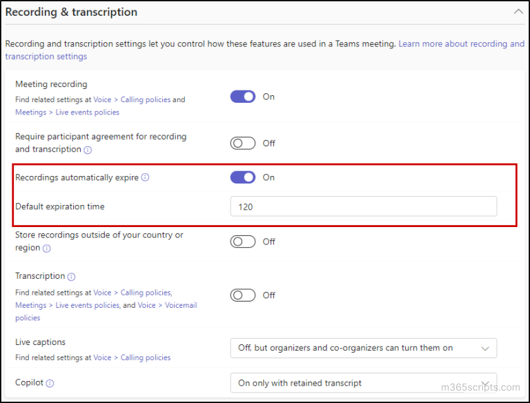 How to Change the Teams Meeting Recording Auto-Expiration