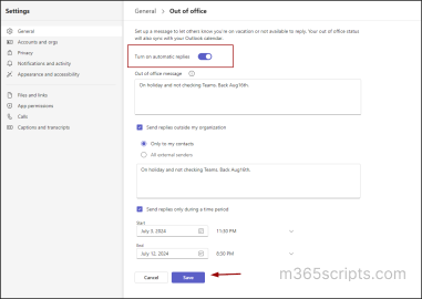 Set Up an Out of Office Status in Microsoft Teams