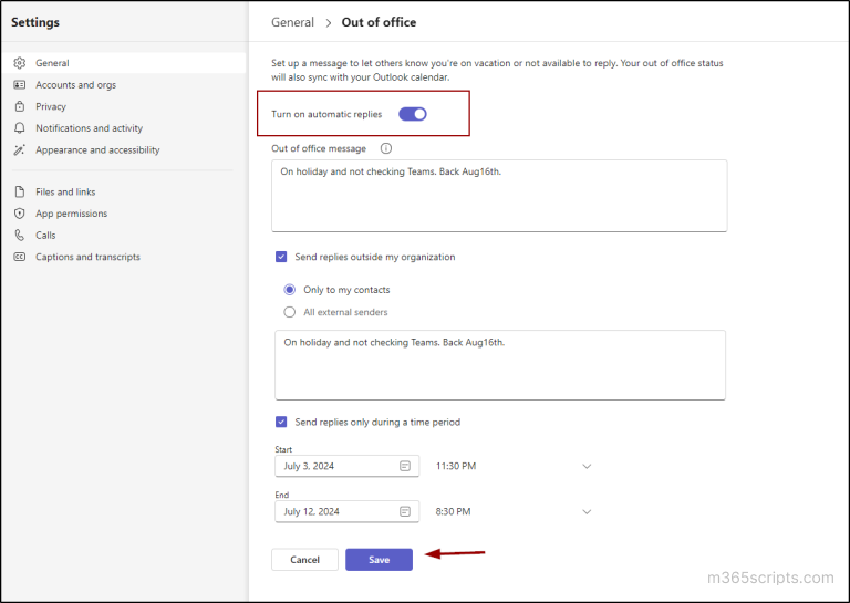 Set Up an Out of Office Status in Microsoft Teams