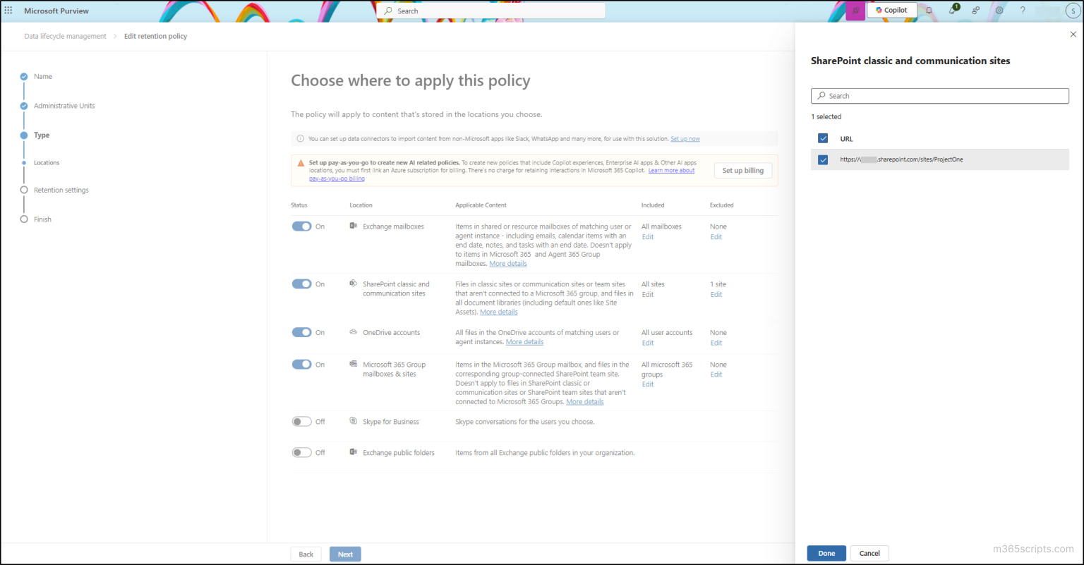 Find Retention Policies Applied to SharePoint Sites