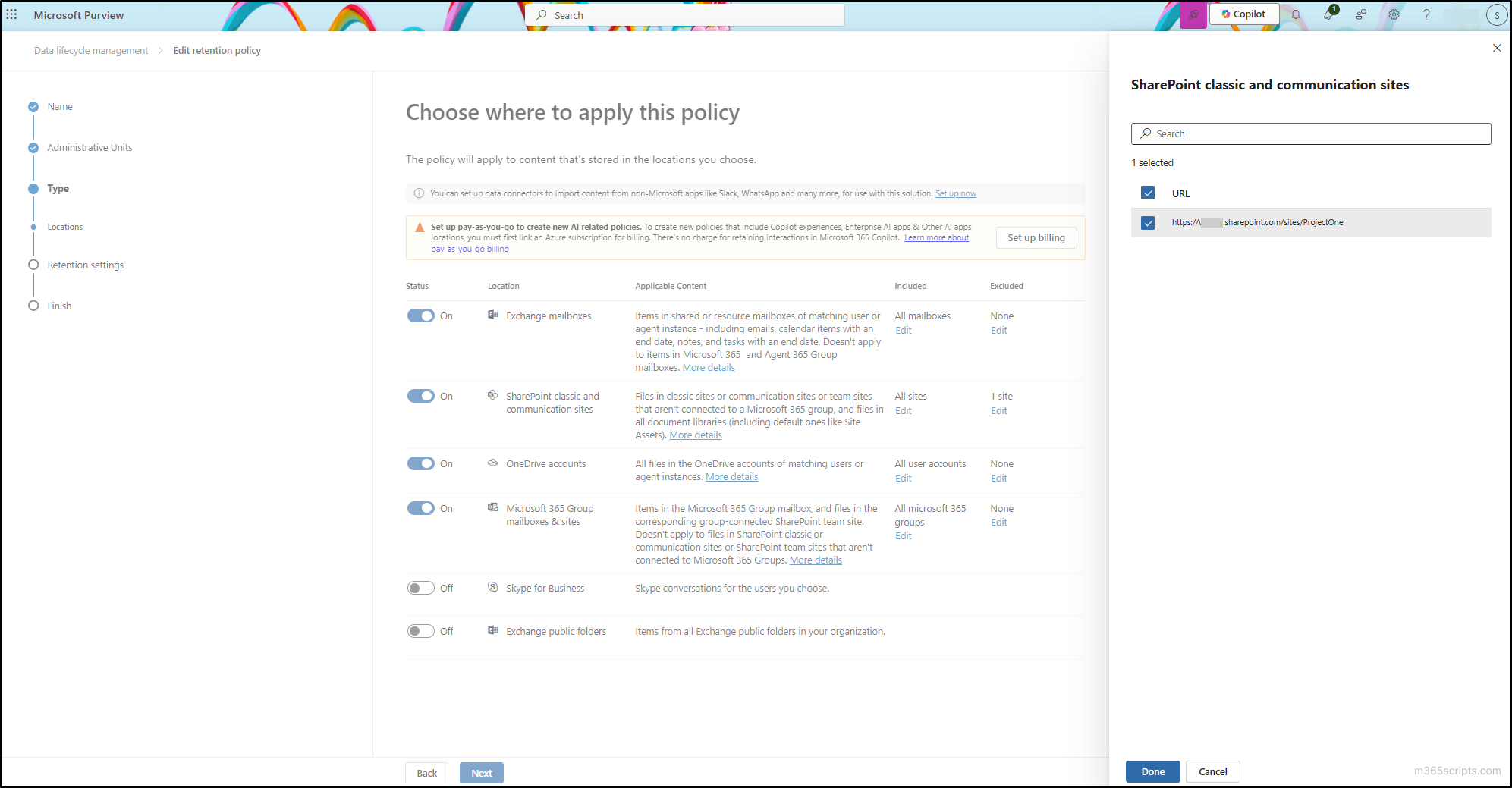Find Retention Policies Applied to SharePoint Sites