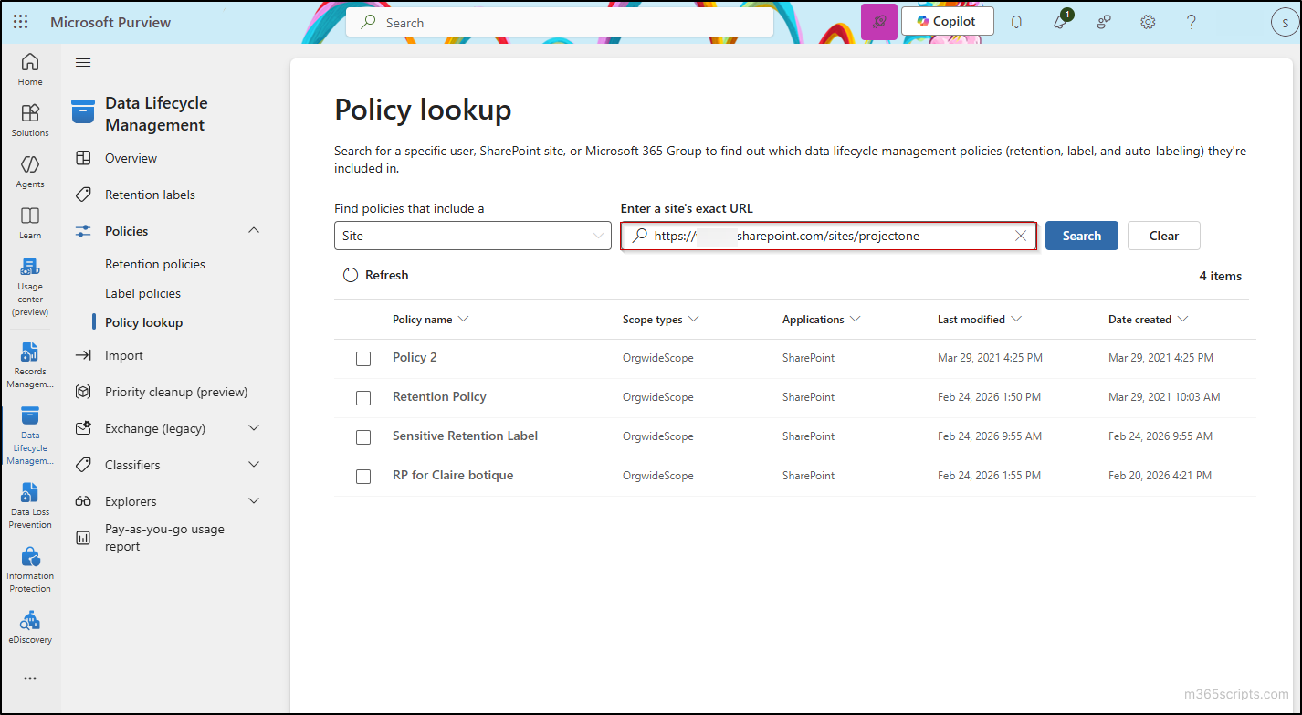 Find Retention Policies Applied to SharePoint Sites